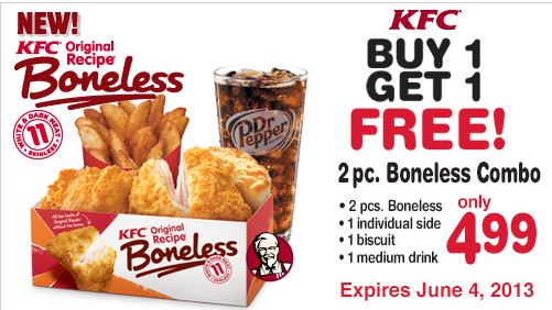 KFC Coupon: BOGO FREE 2 Piece Boneless Chicken Combo - Mojosavings.com
