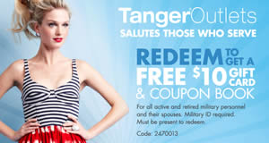 FREE $10 Gift Card + Coupon Books for Military Members at Tanger Outlet ...