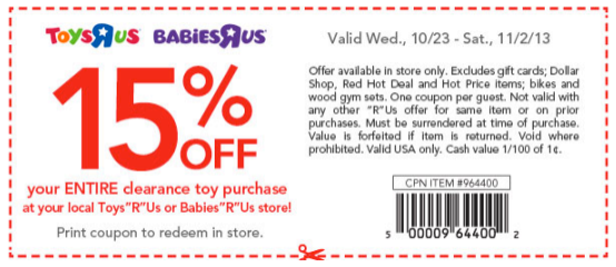 Toys R Us & Babies R Us: 15% Off Entire Clearance Toy Purchase Coupon ...