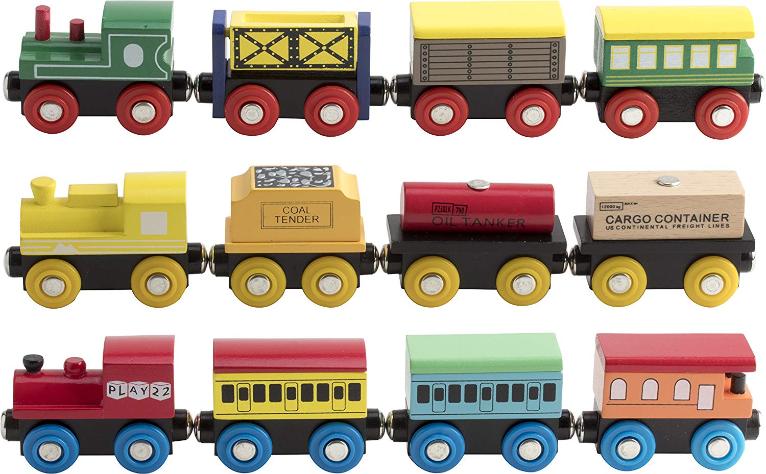 Play22 Wooden Train Set 12 PCS - Train Toys Magnetic Set Includes 3 ...
