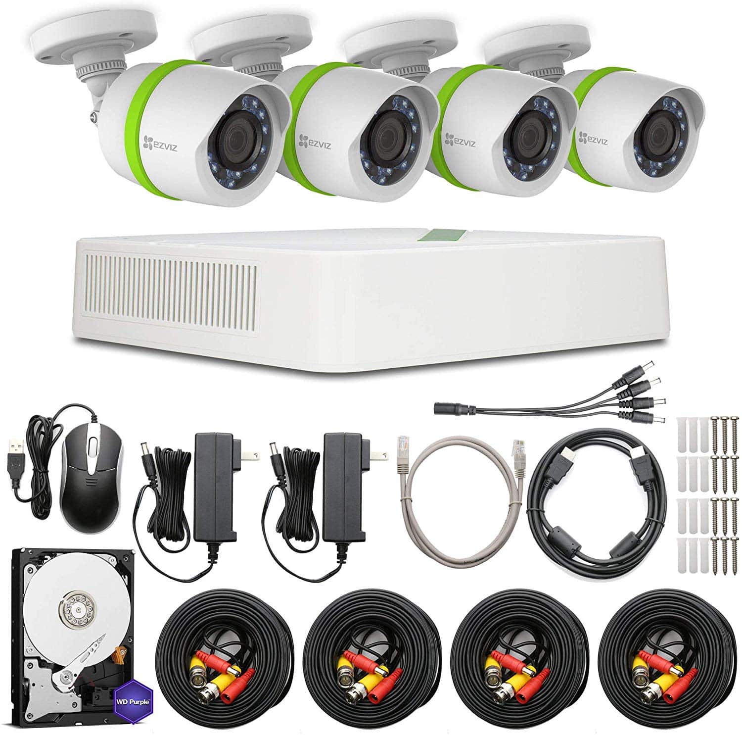4 Weatherproof HD Security Camera, 4 Channel 1TB DVR Storage, 100ft ...